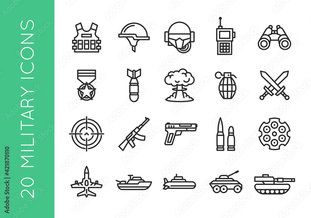 Military, Army, War icons. Set of 20 Military trendy minimal icons. Gun ...