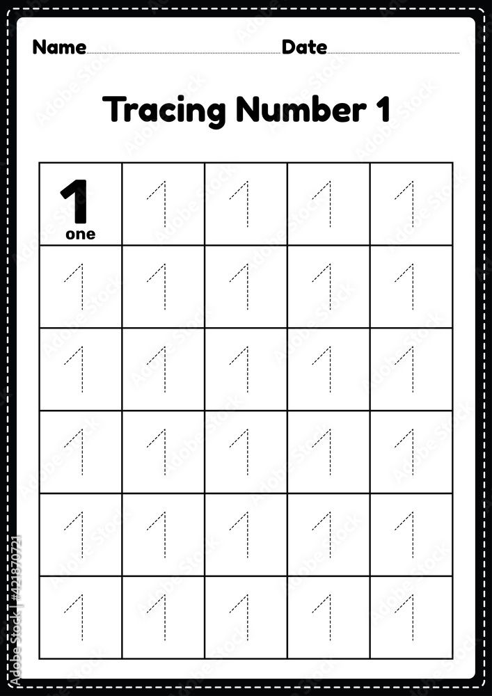 Tracing number 1 worksheet for kindergarten and preschool kids for ...
