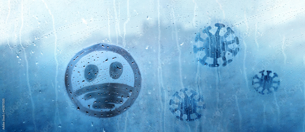 sad face with closed eyes in protective medical mask and three ...