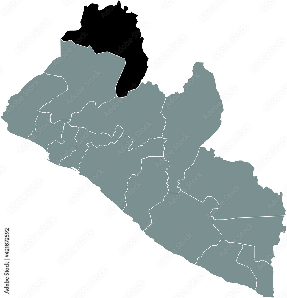 Black highlighted location map of the Liberian Lofa county inside gray ...