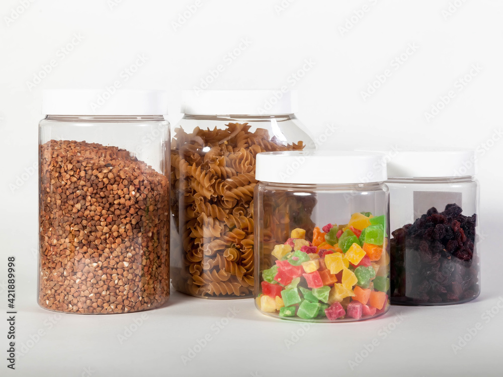 Cans for storage bulk products with food on white isolated background ...