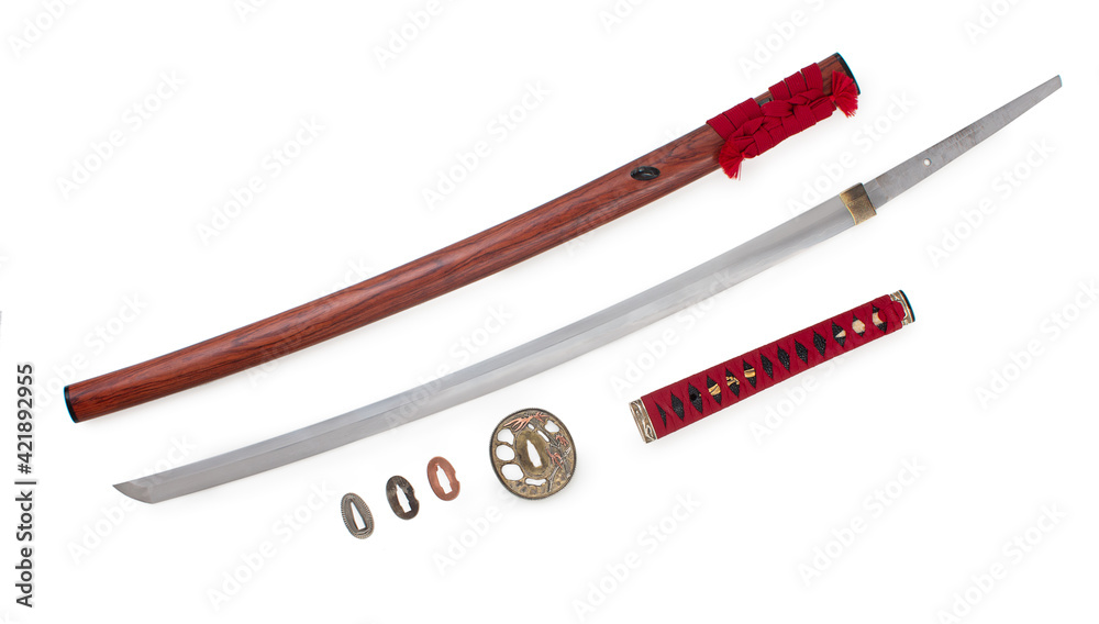 Parts of Japanese samurai sword katana isolated on white background ...