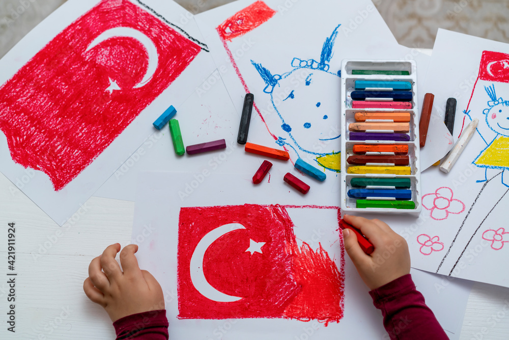 Portrait of small baby girl painting at home. Cute little child drawing ...