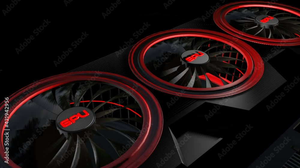 3D model of a modern video card with rotating coolers close-up. 3d ...