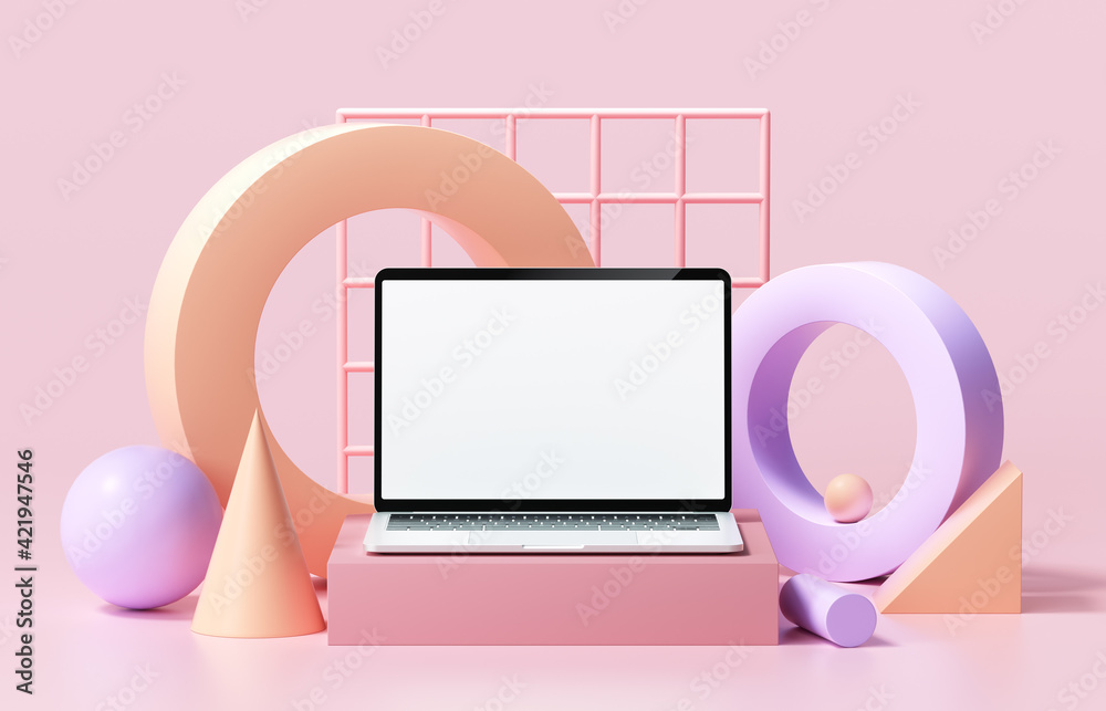 Minimal Laptop computer front view with blank white screen. Abstract ...