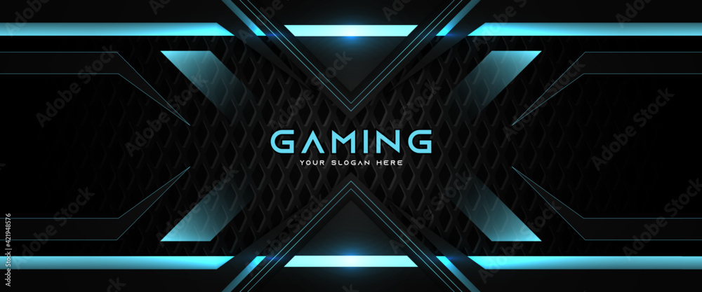 Futuristic black and blue gaming banner design template with metal ...