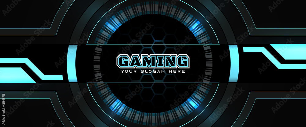 Futuristic black and blue gaming banner design template with metal ...