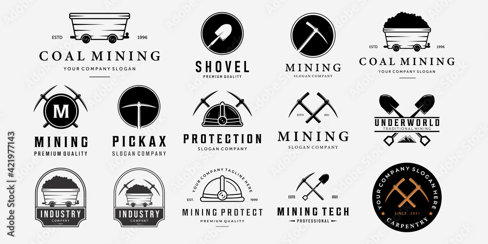 Set Bundle Mining Vintage Line Art Logo, Illustration Mine Cart Pickaxe ...