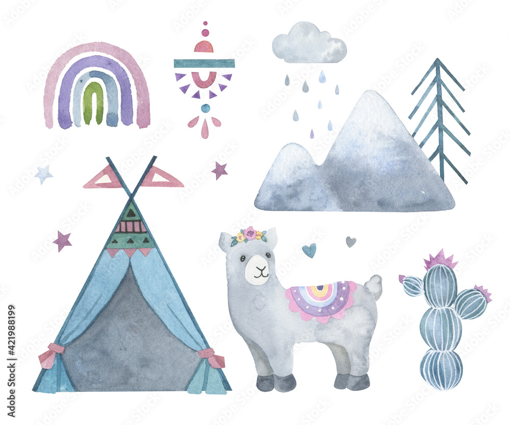 cute alpacas, llamas, mountains, cactus, wigwam, watercolor llamas ...