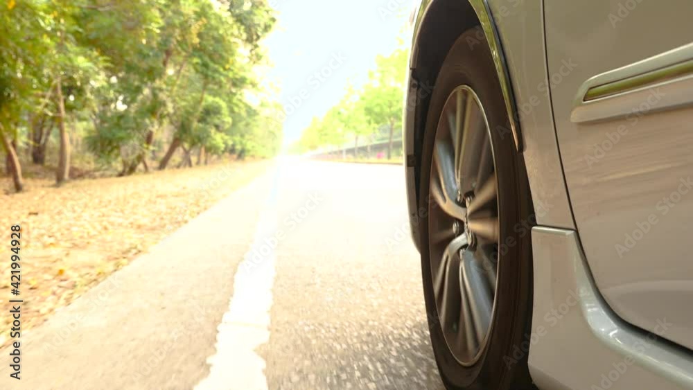 The front wheel of the car is running,View of the front wheel of a car ...