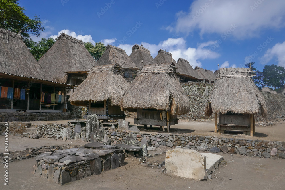 View of Bena traditional village of Ngada tribe or people with graves ...