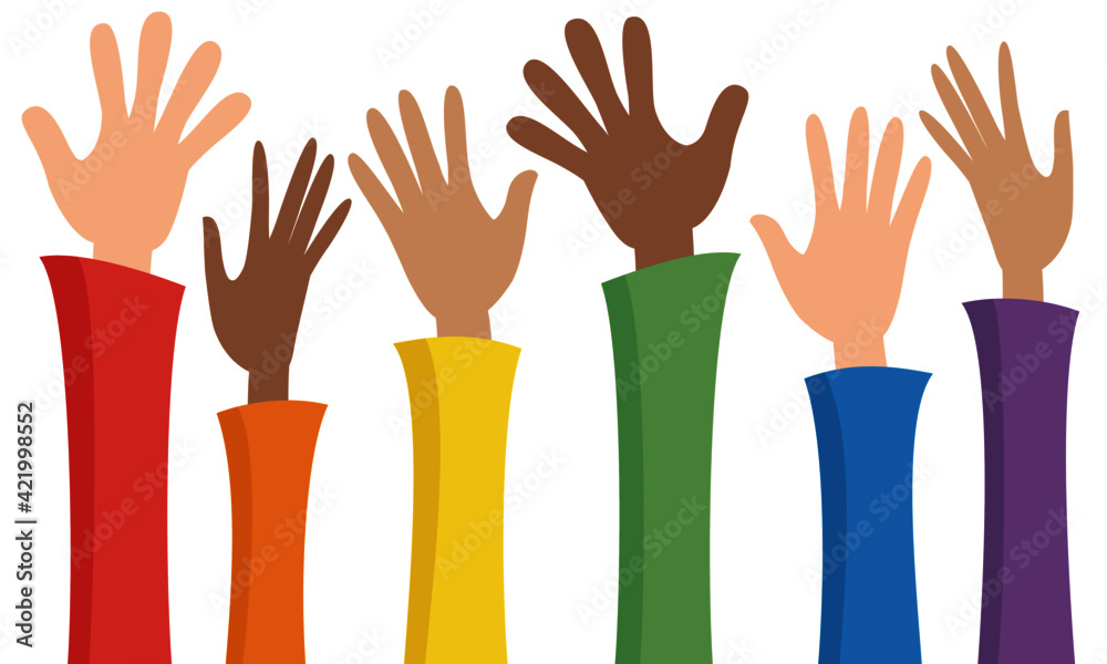Six hands raised up. In rainbow colored clothes. Vector illustration in ...
