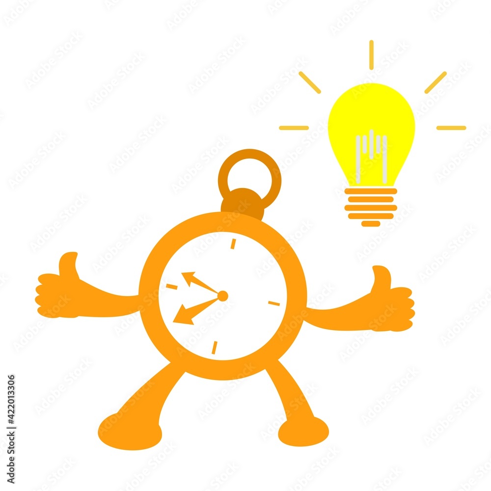 vector illustration happy time clock with lamp idea flat design cartoon ...