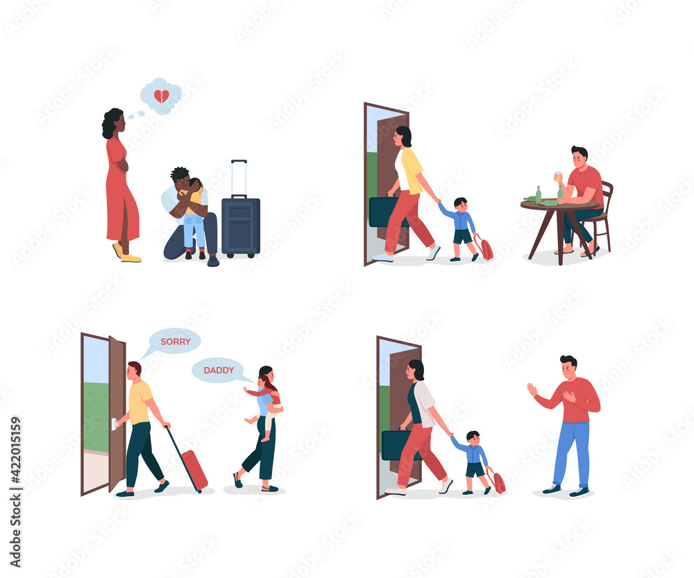 Divorcing parents flat color vector detailed character set. Mother ...
