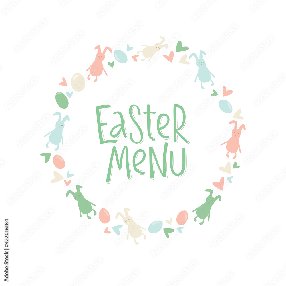 Happy Easter menu - rabbit, bunny minimalistic style with lettering ...