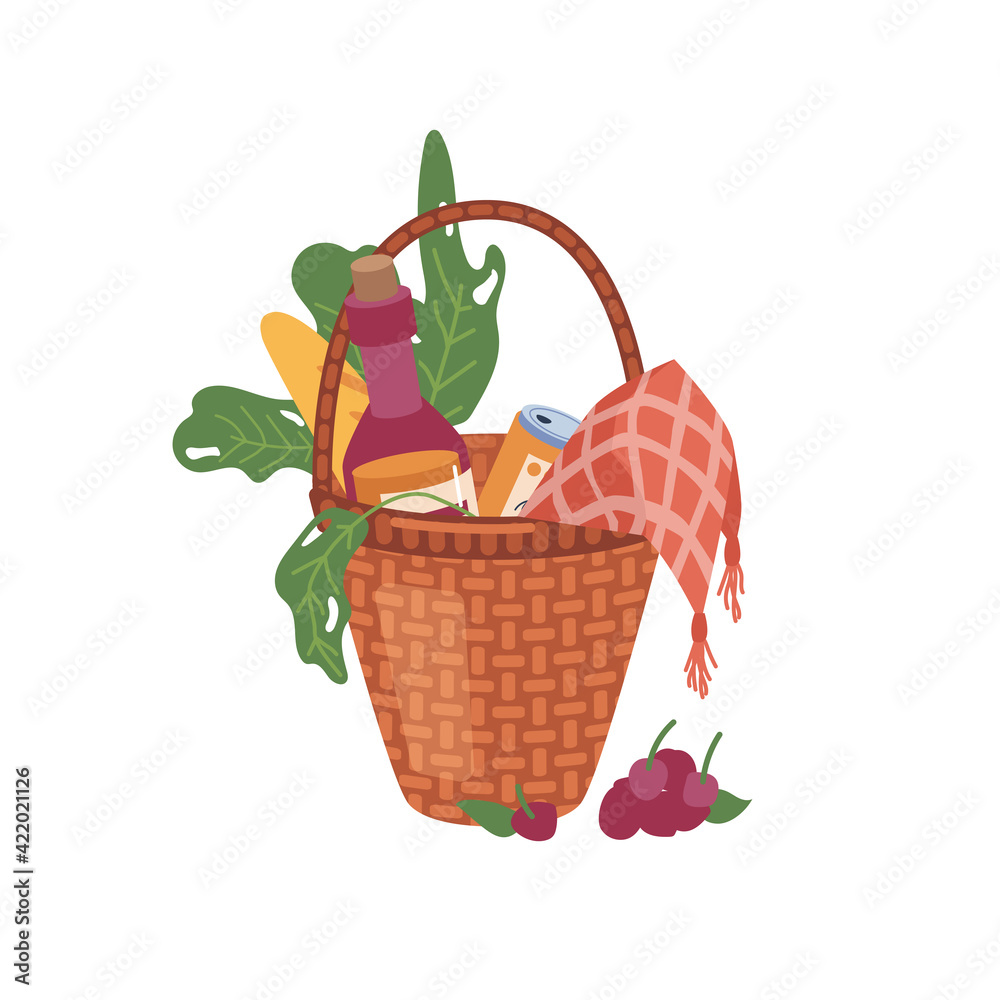 Basket with food and drinks isolated flat cartoon icon. Vector wicker ...