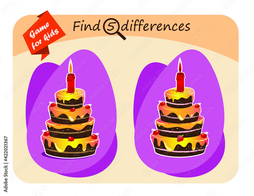Educational game for children. Find five differences between two cakes ...