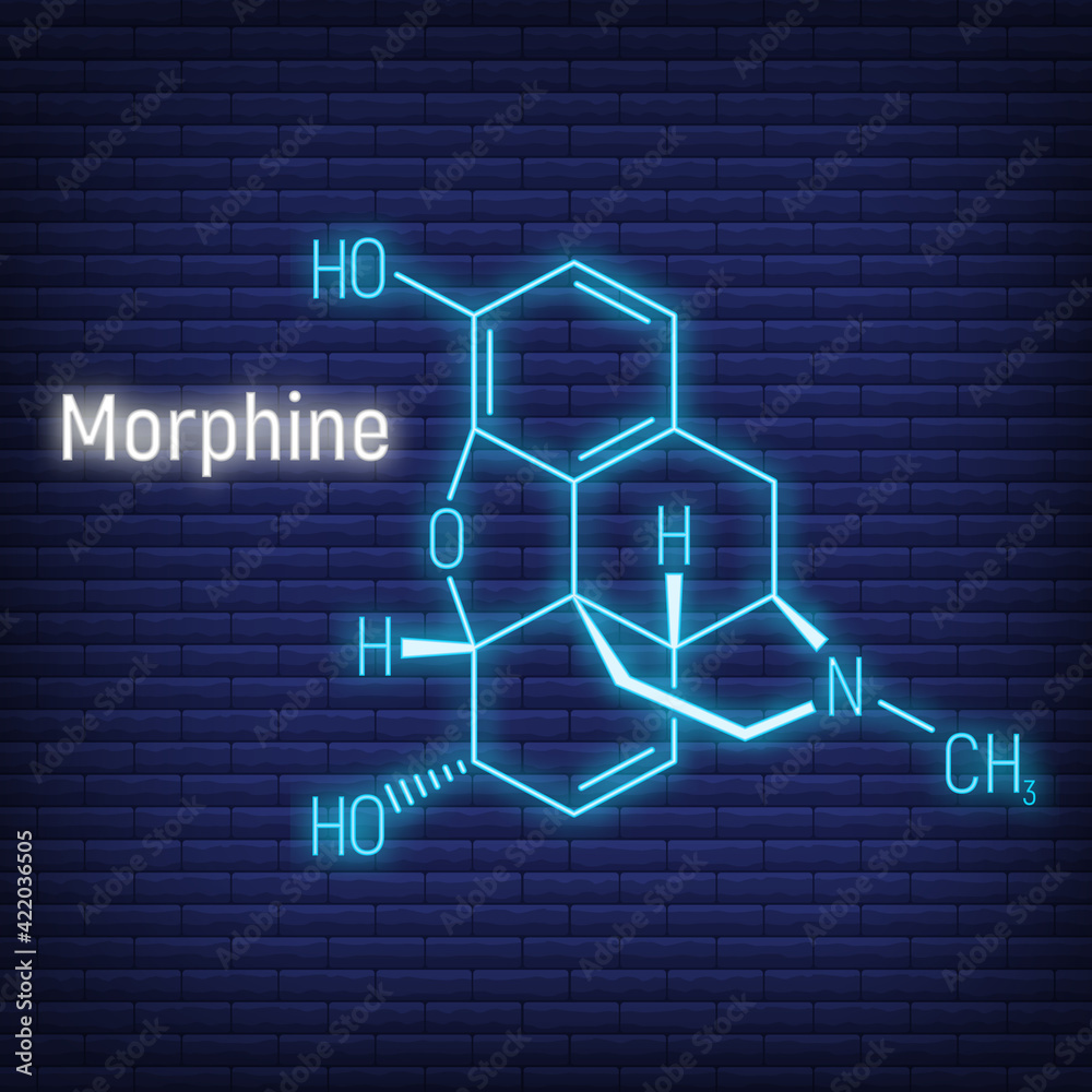 Morphine glow neon style concept chemical formula icon label, text font ...