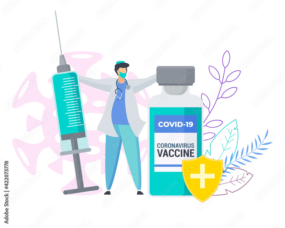 Vaccination schedule. Doctor with huge syringe and dose of vaccine ...