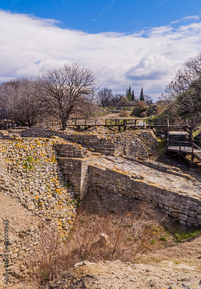 Vertical view of a gate and ancient walls in the landmark site of the ...