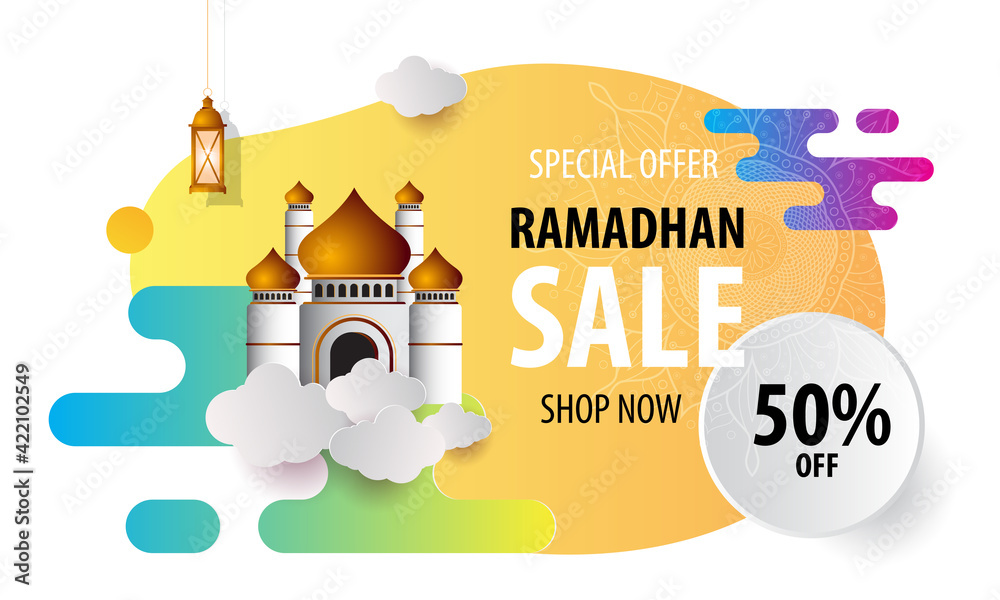 Ramadan sale offer banner paper style yellow background with lantern ...