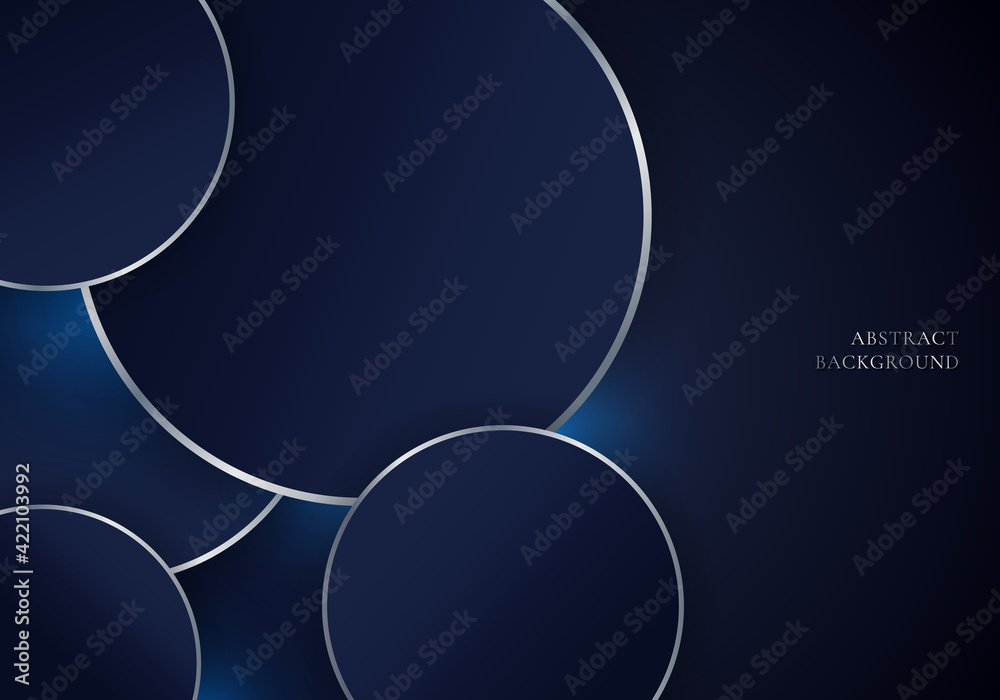 Abstract blue circles with silver border on dark blue background luxury ...