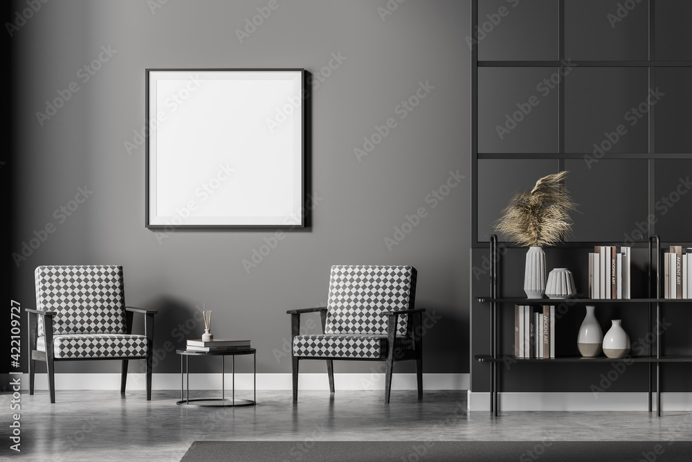 Grey living room interior with armchairs and bookshelf, square mock up ...