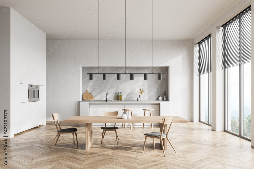 Modern contemporary design kitchen room interior. Dining table with ...