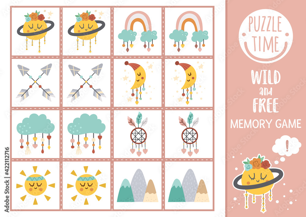 Vector wild and free memory game cards with planet, mountains, arrows ...