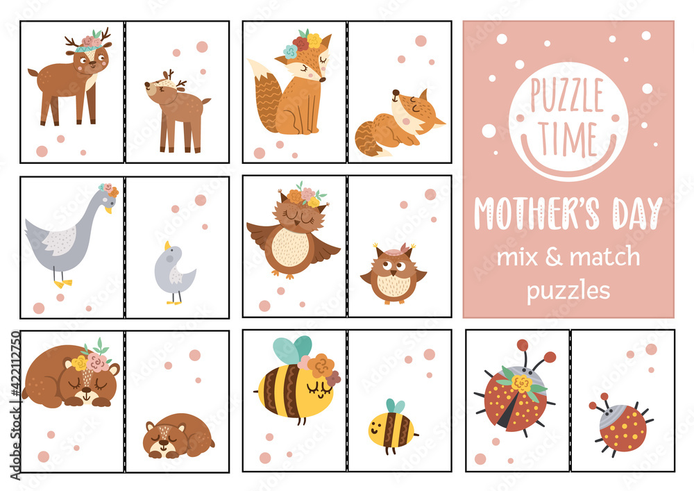 Vector Mothers day mix and match puzzle with baby animals and their ...