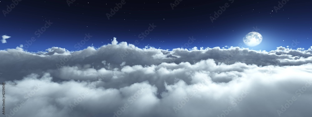 Night cloudy landscape, the moon above the clouds, the rising of the ...