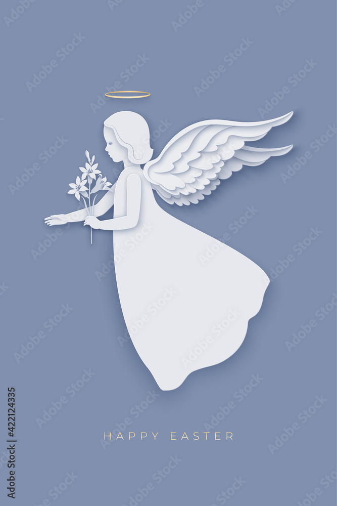 Happy Easter background with angel and lily flower Stock Vector | Adobe ...