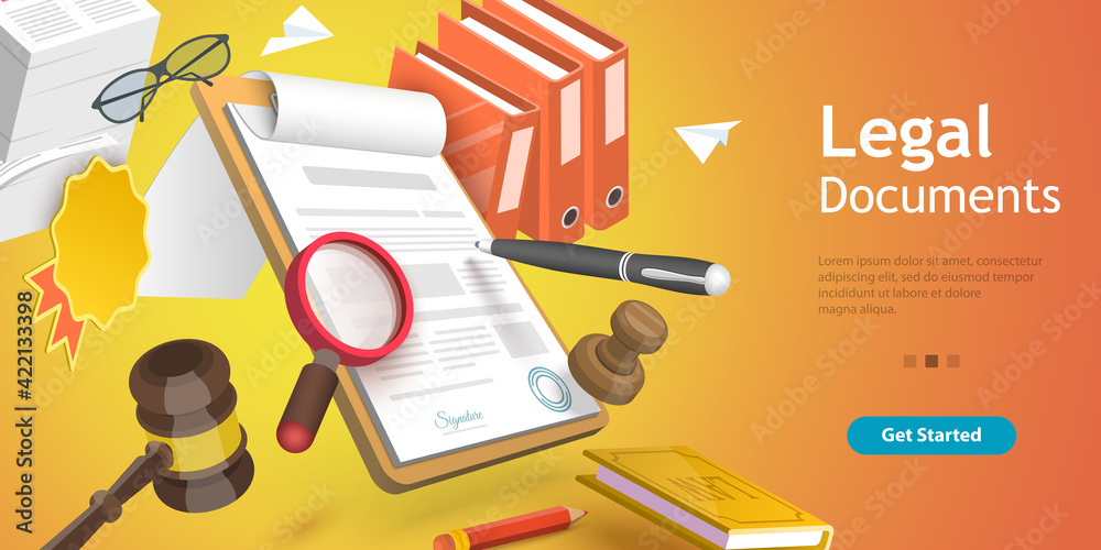 3D Vector Conceptual Illustration of Legal Documents, Deal Agreement ...