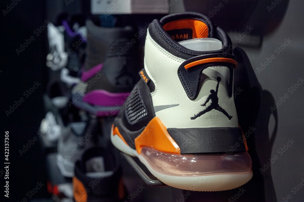 Nike Jordan series basketball shoes display in shopping mall. Minsk ...