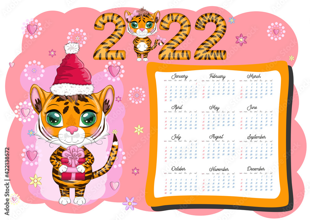 Cute Tiger Wall Calendar Template for 2022, Year of the Tiger, Chinese ...