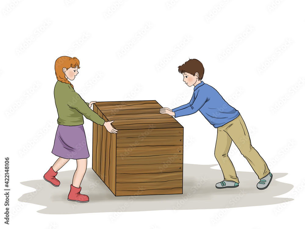 science lesson subject, illustration of two child showing push and pull ...