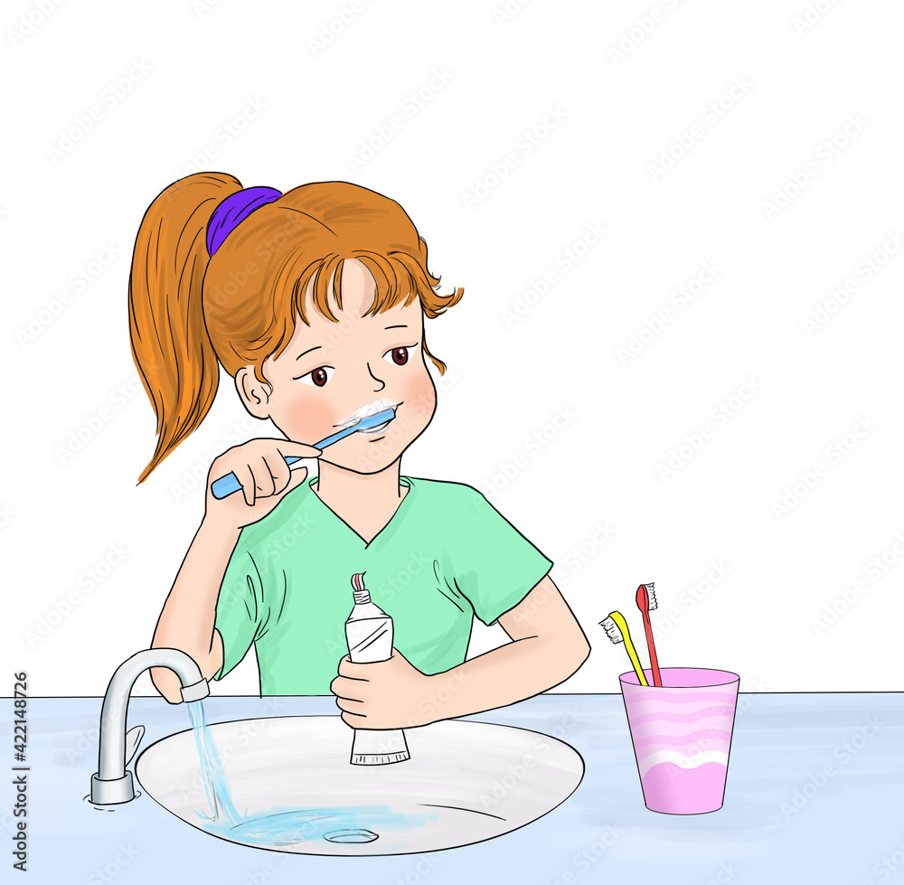 illustration of, for textbook, Cute little girl brushing teeth. girl ...