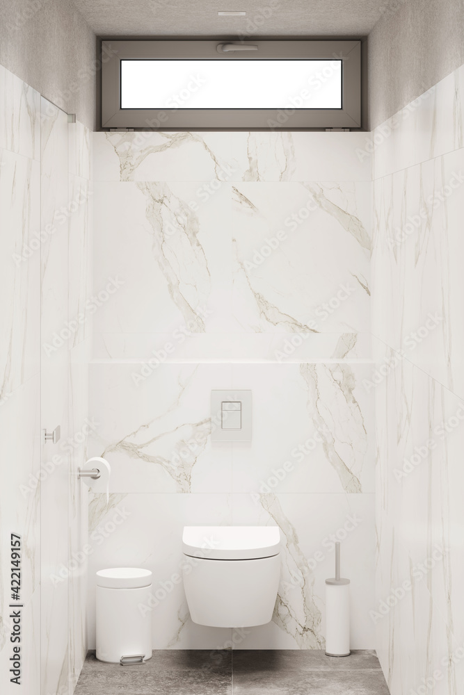 Modern narrow bathroom with white marble walls, gray granite floor ...