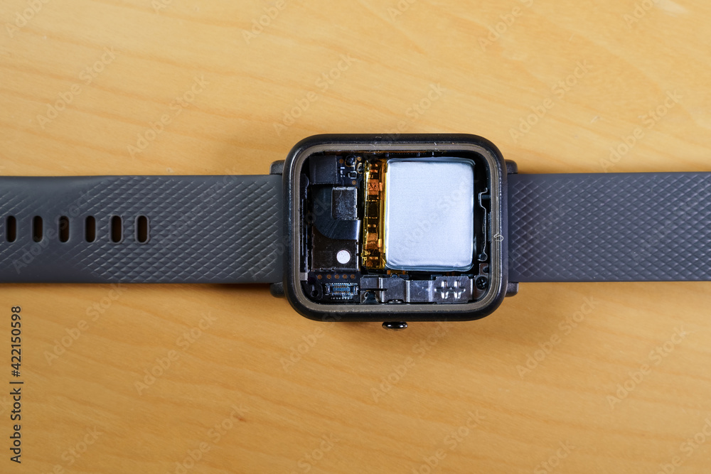 Disassembled smartwatch showing the interior, battery, different ...