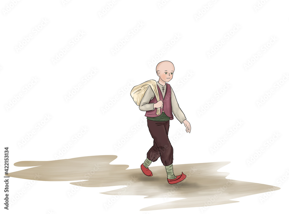 Turkish fairy tale hero Keloglan walks, drawing on white background. tr ...