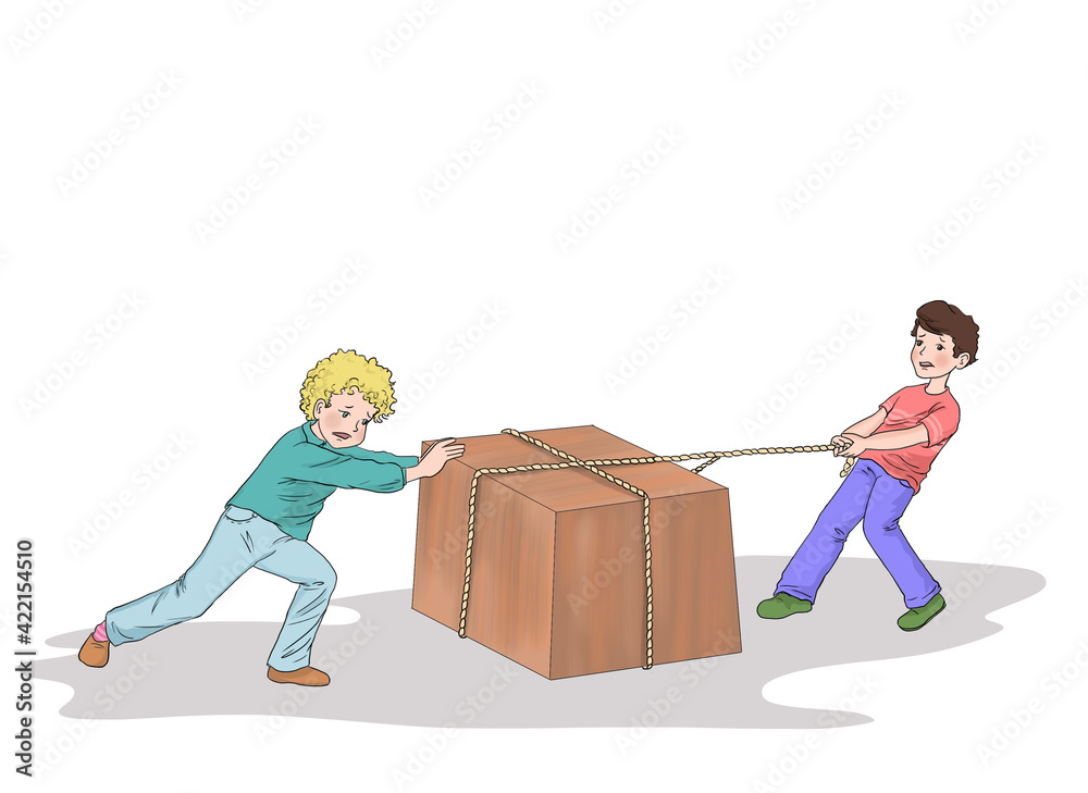 science lesson subject, illustration of two boys showing push and pull ...