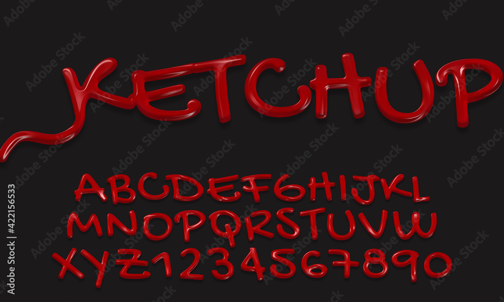 Red glossy ketchup alphabet letter set and numbers on black background ...