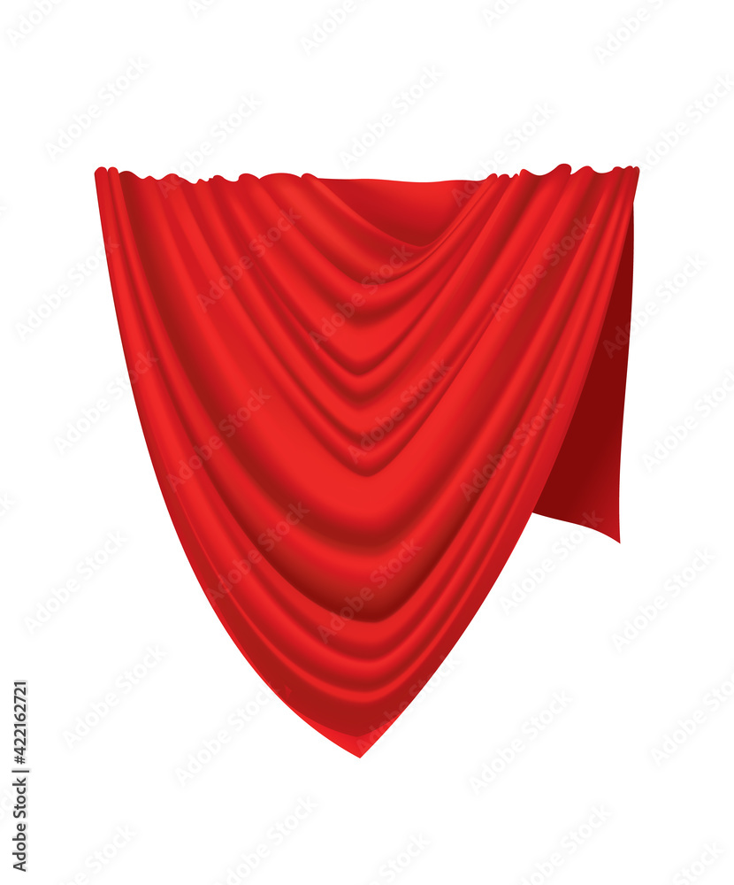 Covered object. Red silk fabric curtain cover. Revealer cloth realistic ...