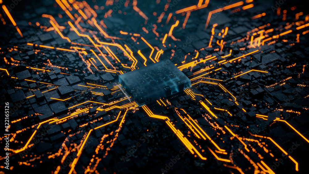 Advanced Technology Concept with Microchip. Orange Neon Data flows from ...