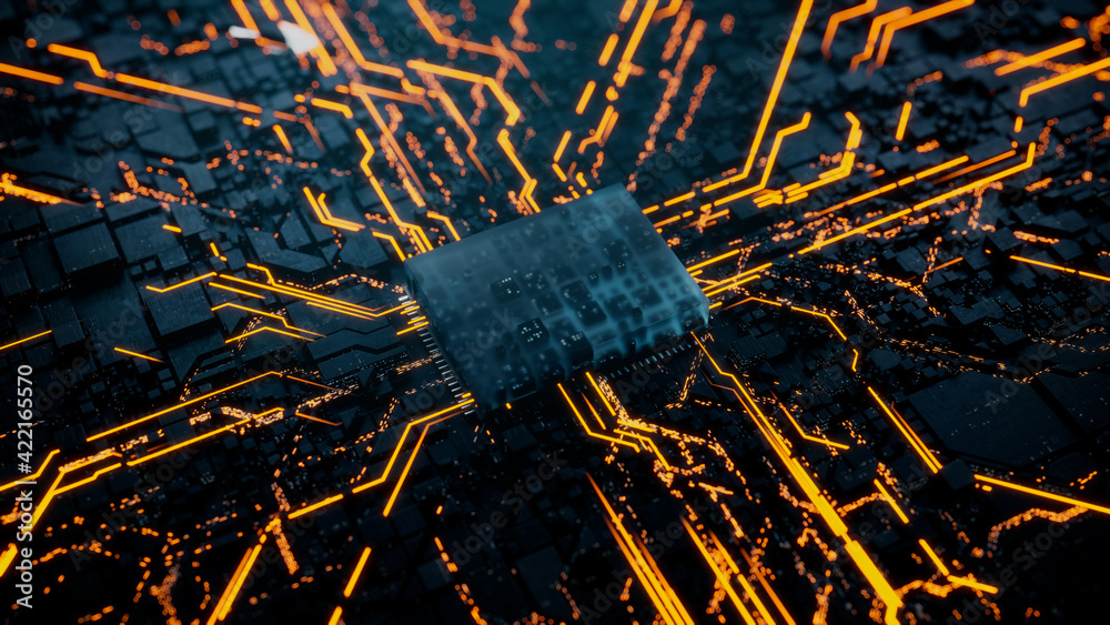 Advanced Technology Concept with Microchip. Orange Neon Data flows from ...