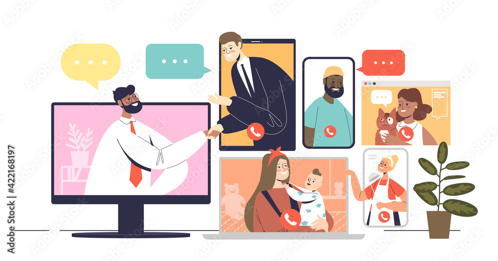 Online interaction and video conference set with cartoon characters ...