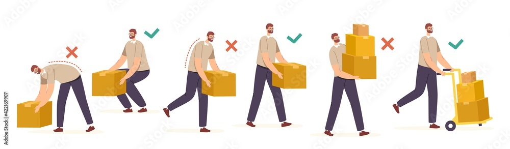 Right and Wrong Manual Handling and Lifting of Heavy Goods. Male ...