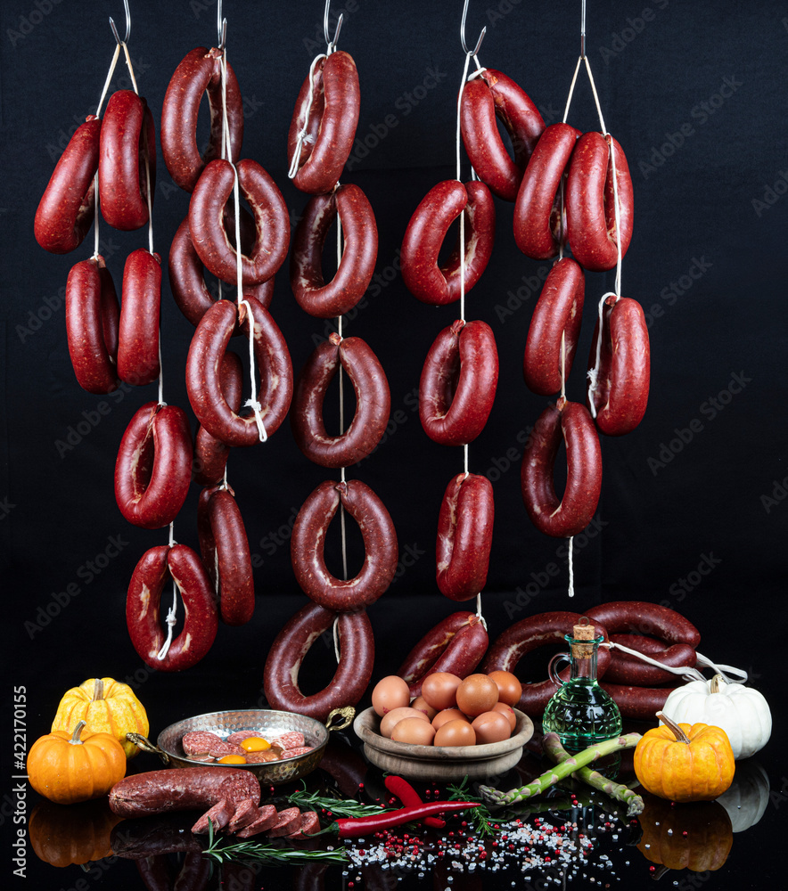 Turkish sausage kangal sucuk. Sujuk (sucuk), a dry spicy sausage on ...