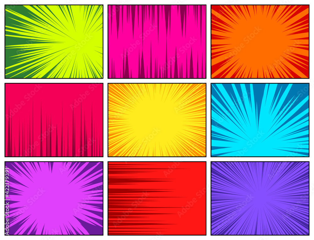 Comic book colorful radial lines collection. Cartoon comics background ...