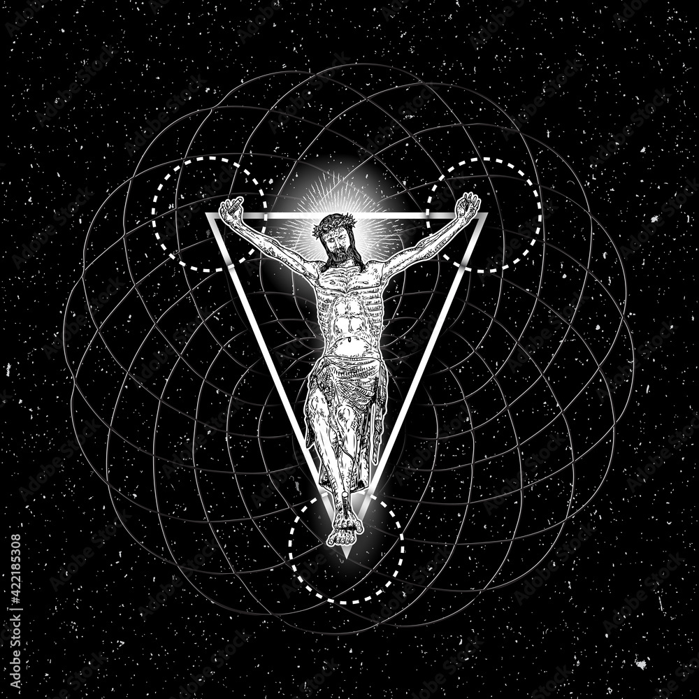 Jesus Christ modern interpretation of crucifixion with bird fly over ...